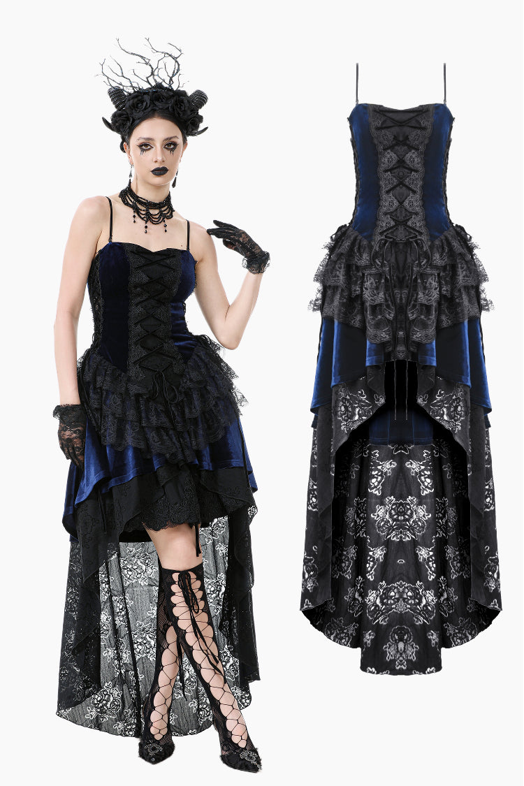 Royal Indigo Velvet & Lace Gothic Dress with Crown Lace and Tiered Tai ...