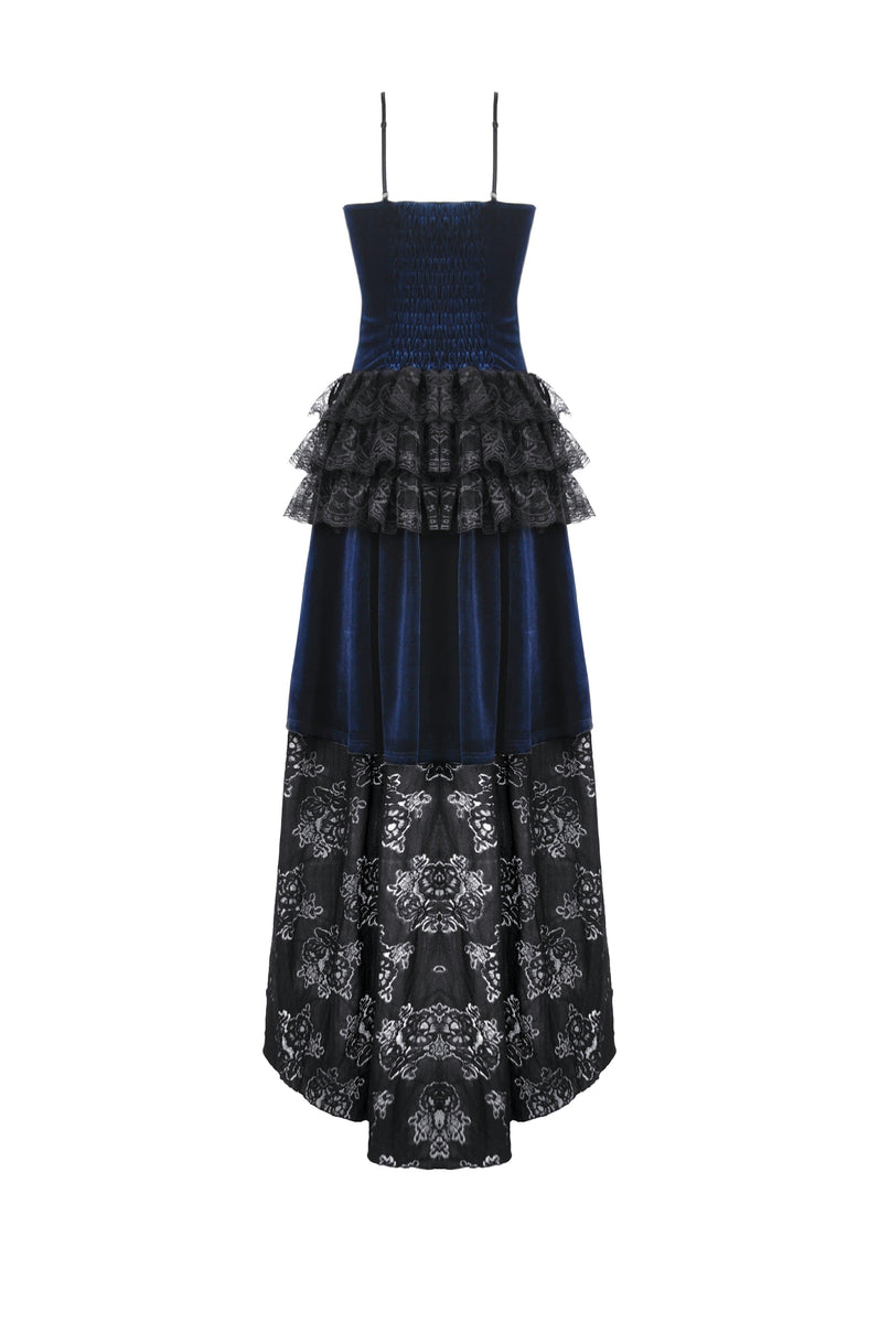 Royal Indigo Velvet & Lace Gothic Dress with Crown Lace and Tiered Tai ...