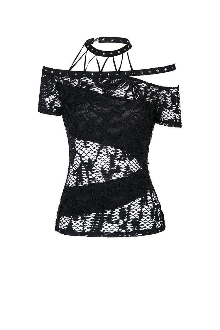 Punk messy net T-shirt with asymmetric rope desgin TW156 – DARK IN LOVE