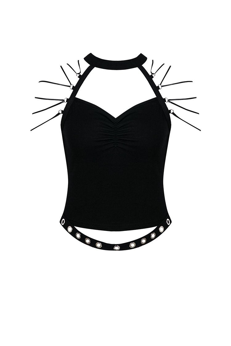 Punk short sleeveless T-shirt with string shoulder and eyelet on waist ...