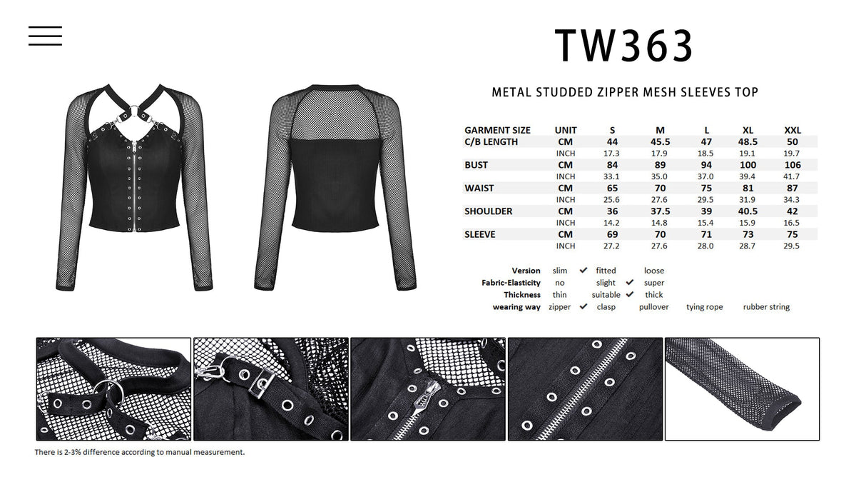 Metal studded zipper mesh sleeves top TW363 – DARK IN LOVE