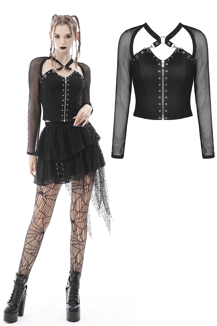 Metal studded zipper mesh sleeves top TW363 – DARK IN LOVE